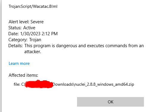 Windows Defender detects Nuclei as Trojan:Script/Wacatac.H!ml · Issue #3233 · projectdiscovery ...