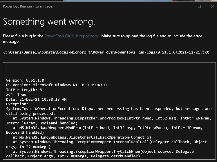 Powertoys run constant error · Issue #15099 · microsoft/PowerToys · GitHub