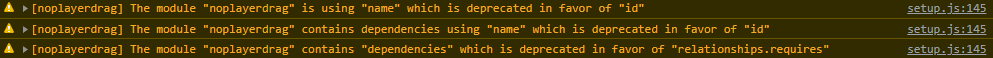 Compatibility Errors - "noplayerdrag" contains dependencies using "name" which is deprecated in ...