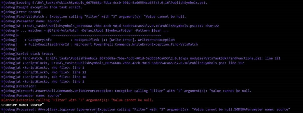 Exception in PublishSymbols (Exception calling "Filter" with "3" argument(s): "Value cannot be ...