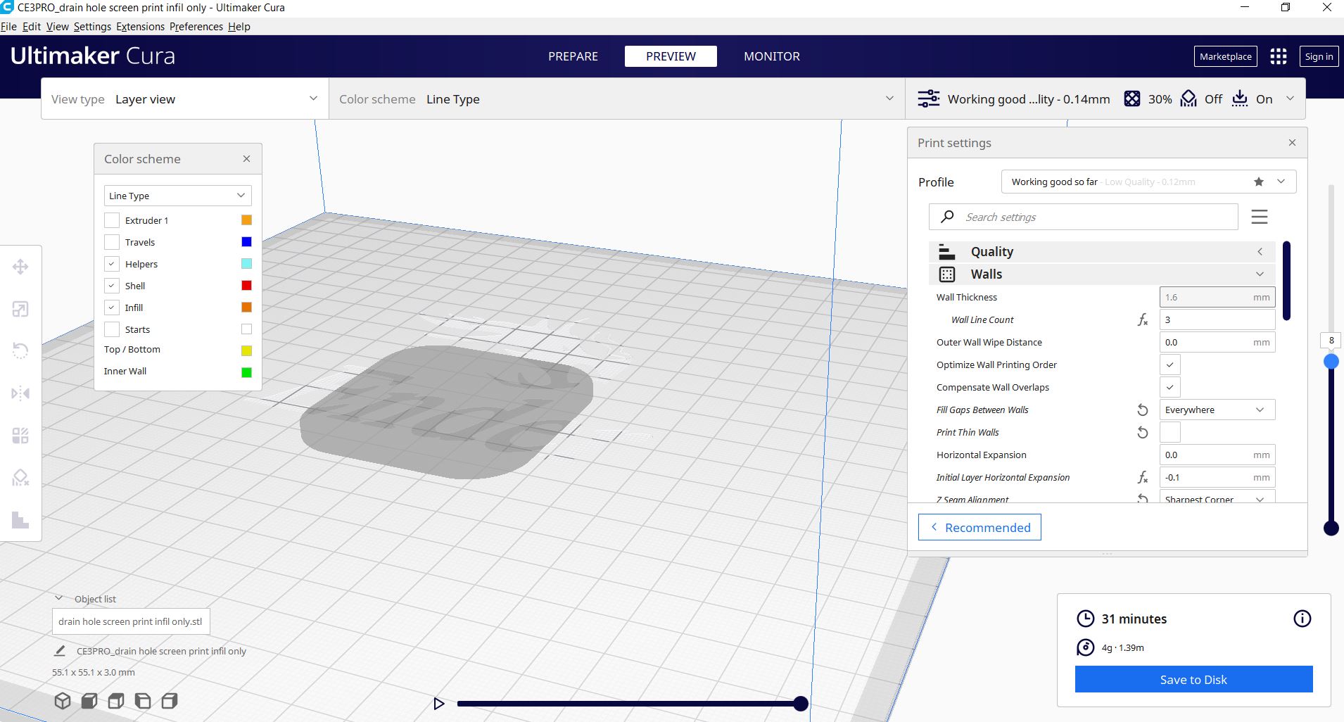 preview is only showing a gray ghosted outline of part not the layers ...