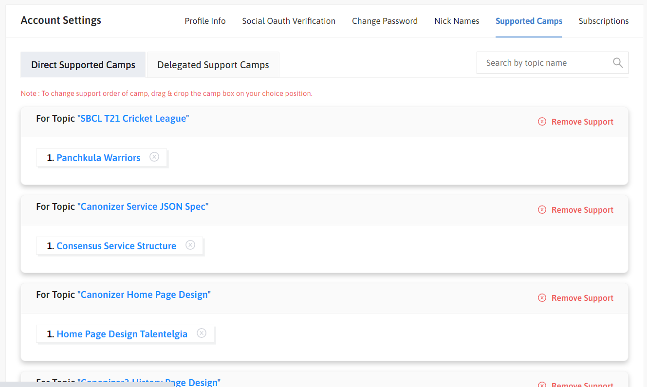 Supporter Camp List must have pagination as if we can have 100's of supported topic and camp ...
