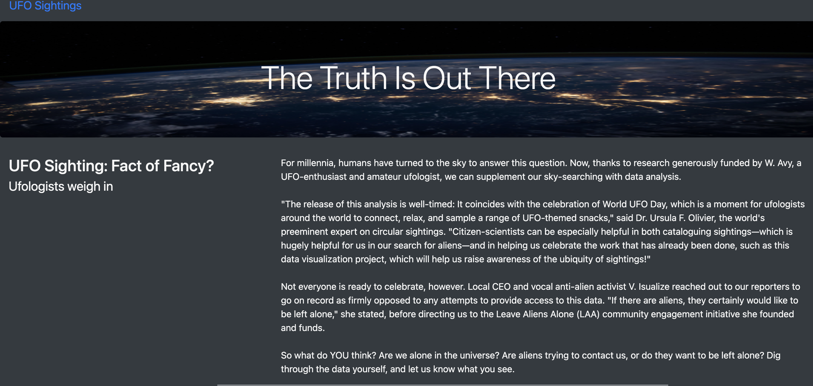 GitHub - hbustamante8/UFOs: Created a HTML page with the use of JavaScript, CSS, d3, and ...