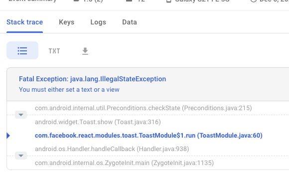 Com Facebook React Modules Toast Toastmodule N Crash In React Native Android 12 · Issue