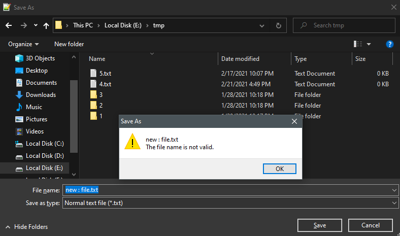 Save As dialog allows for restricted characters ( \ / : * ? " | ) in ...