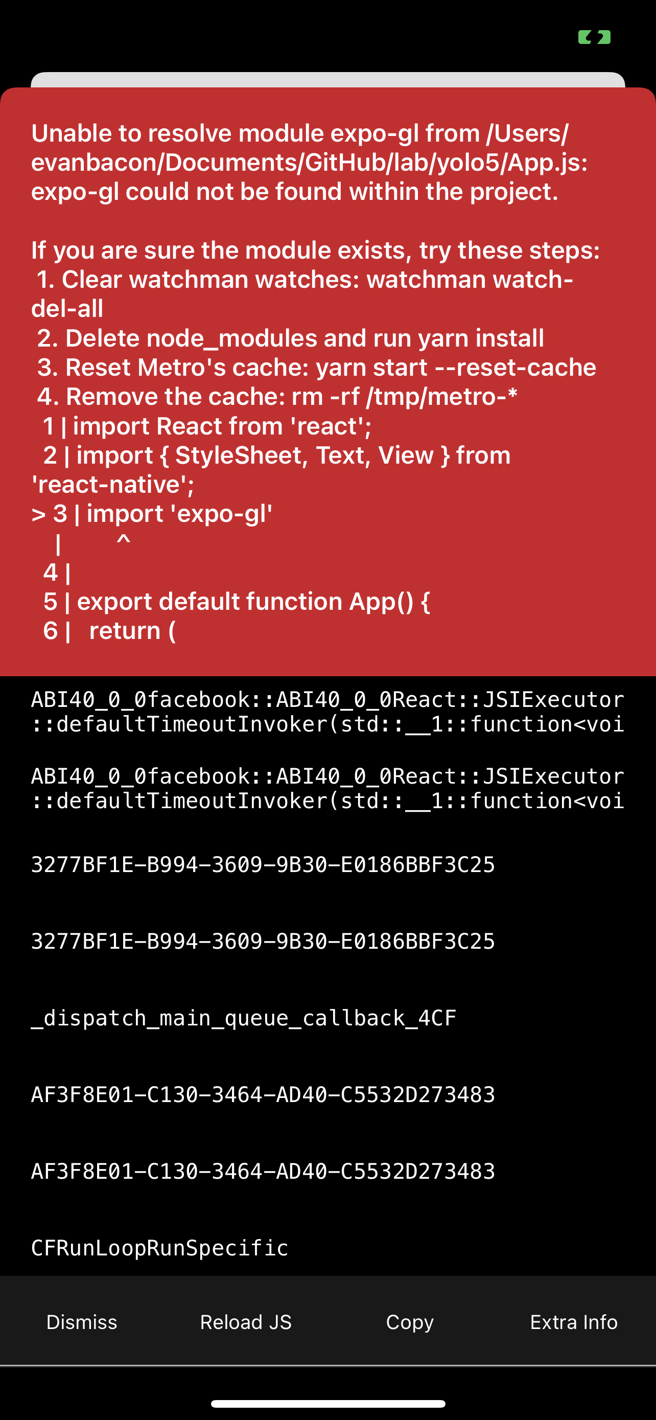 [Expo Go][iOS] Old error overlay shows when an invalid import is used on the first load of an ...