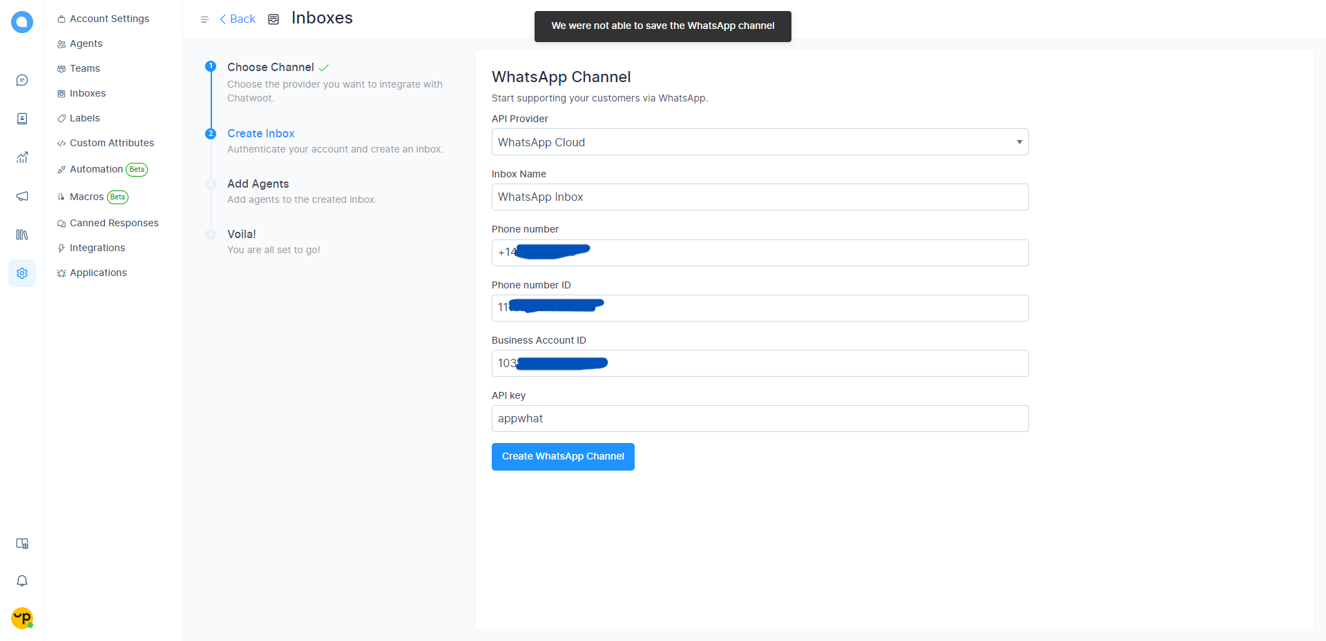 Unable to create Whatsapp 360Dialog Inbox · Issue #6247 · chatwoot/chatwoot · GitHub