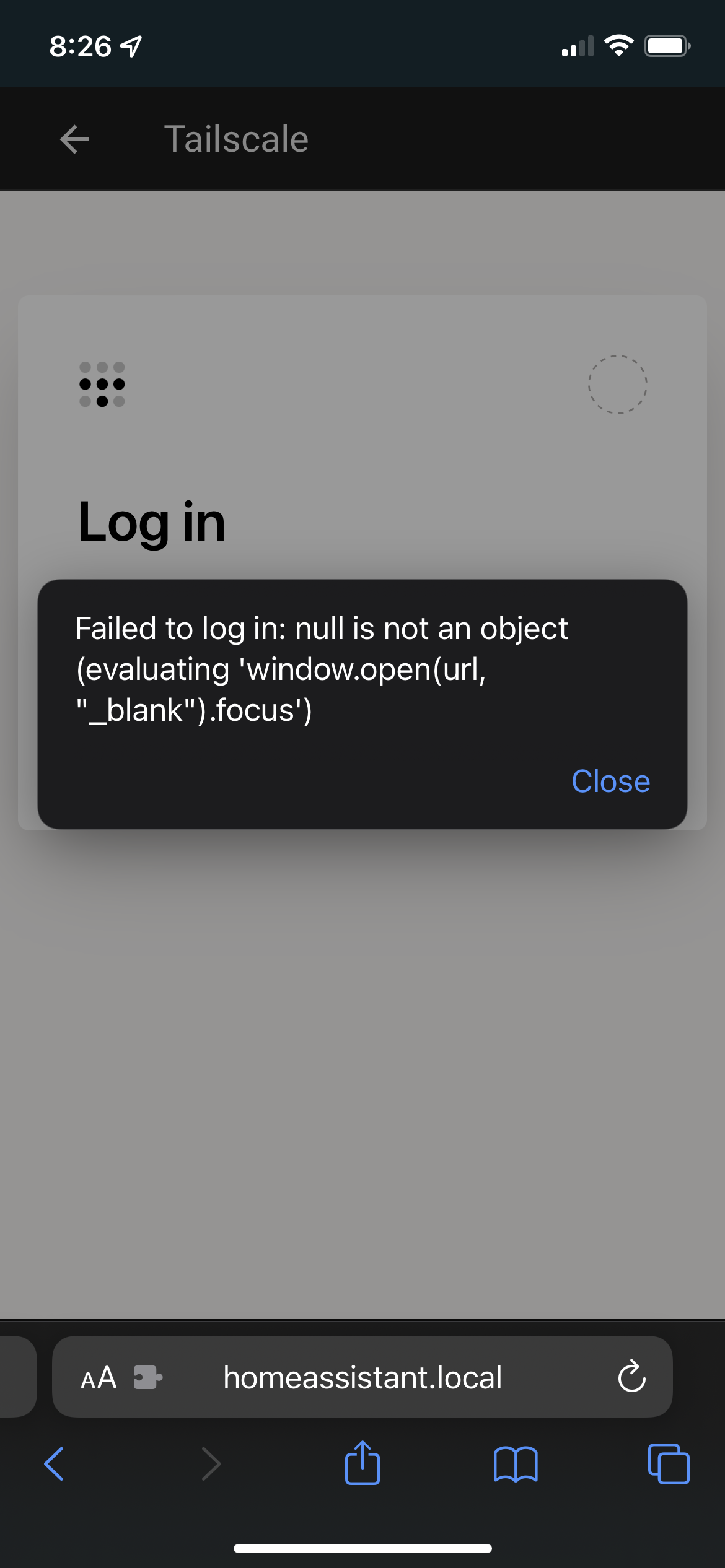 Tailscale Log in from HA OS returns "Failed to log in: null is not an object (evaluating 'window ...