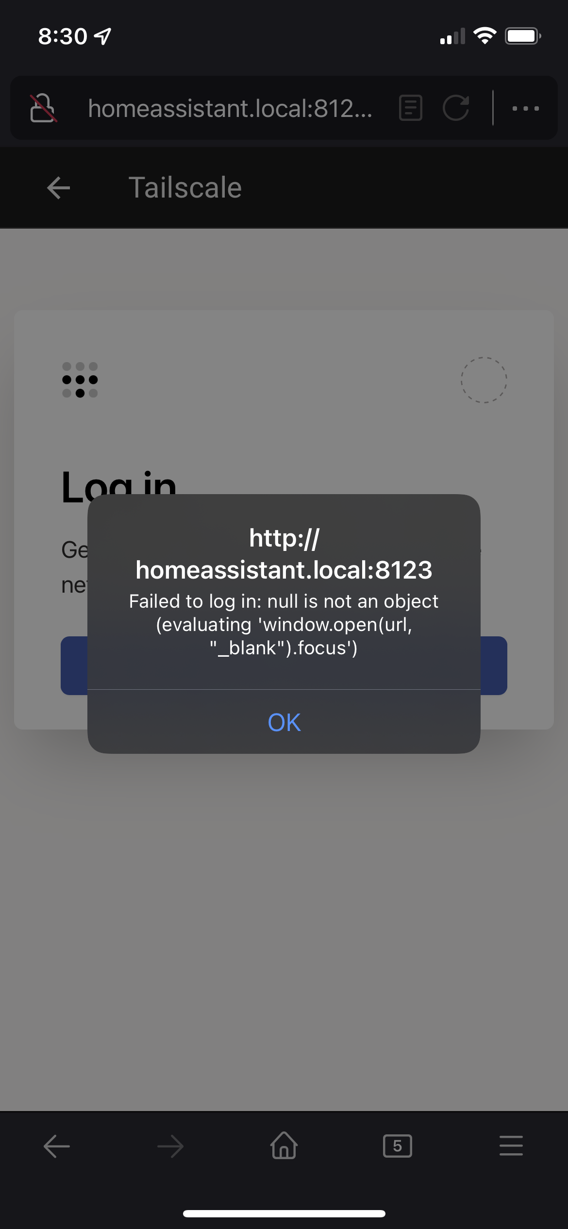 Tailscale Log in from HA OS returns "Failed to log in: null is not an object (evaluating 'window ...