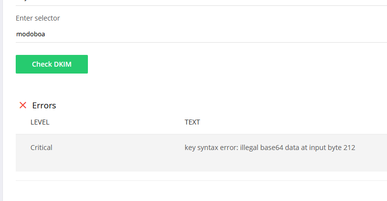 Dkim Test Key Syntax Error Illegal Base64 Data At Input Byte 212 · Issue 2275 · Modoboa 2448