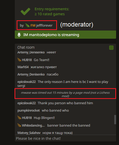 Wrong Message Displayed When Moderators Timeout Being Contributor · Issue 11406 · Lichess Org 