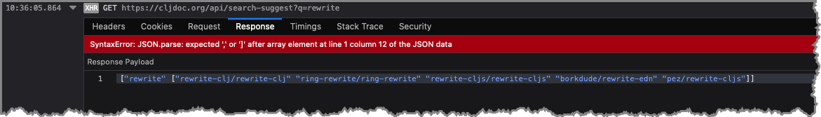 OpenSearch search-suggest api is not returing valid JSON · Issue #581 · cljdoc/cljdoc · GitHub