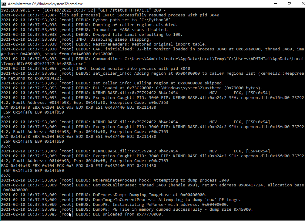 RtlDispatchException when CAPE agent starts the sample EXE · Issue #435 · kevoreilly/CAPEv2 · GitHub