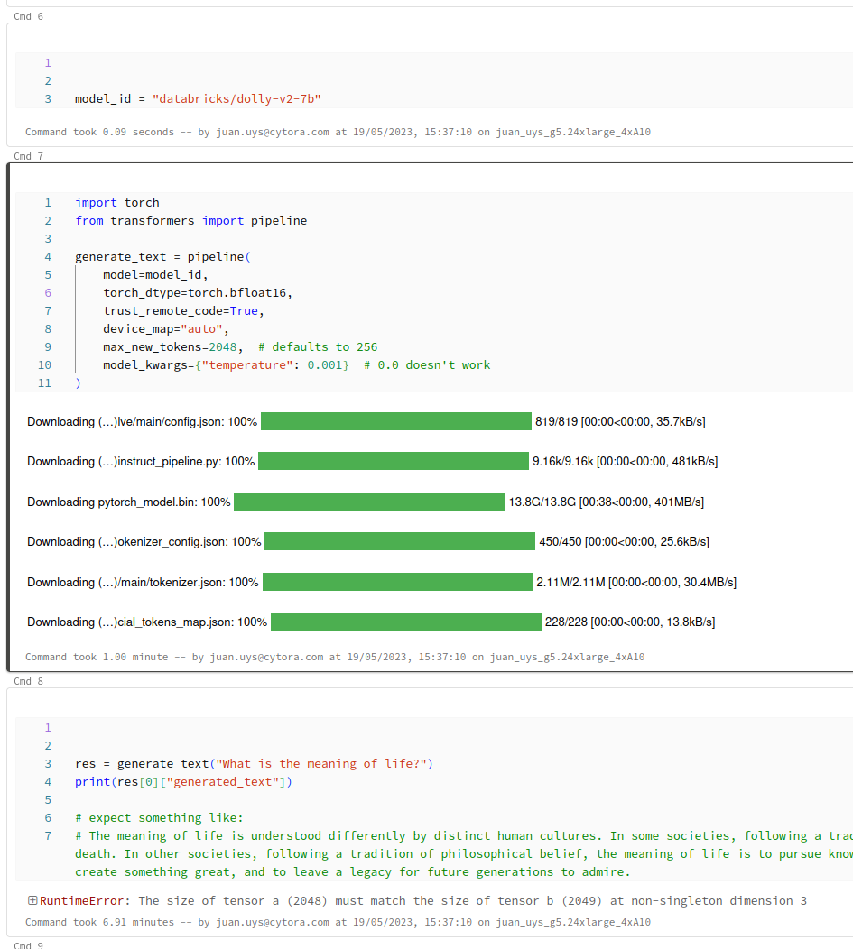 Using dolly-v2-7b and generating 5000k words I get this error: The size of tensor a (2048) must ...