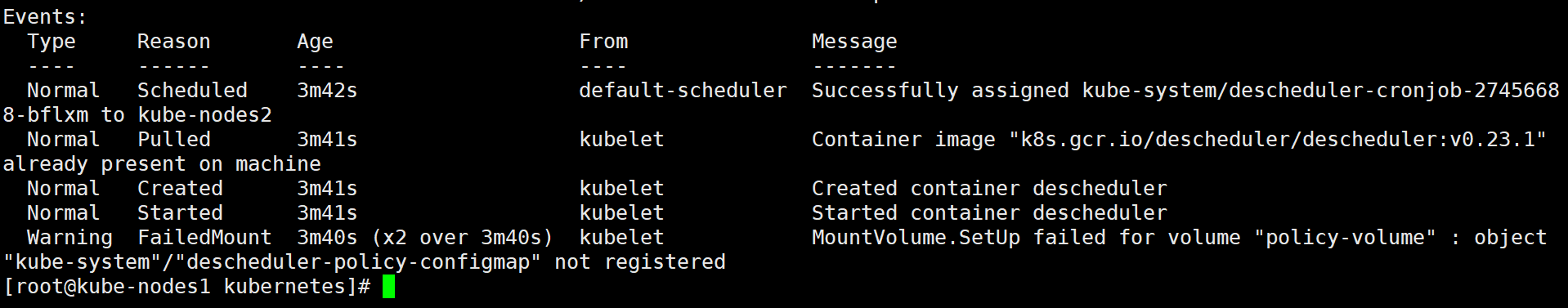 MountVolume.SetUp failed for volume "policy-volume" : object "kube-system"/"descheduler-policy ...