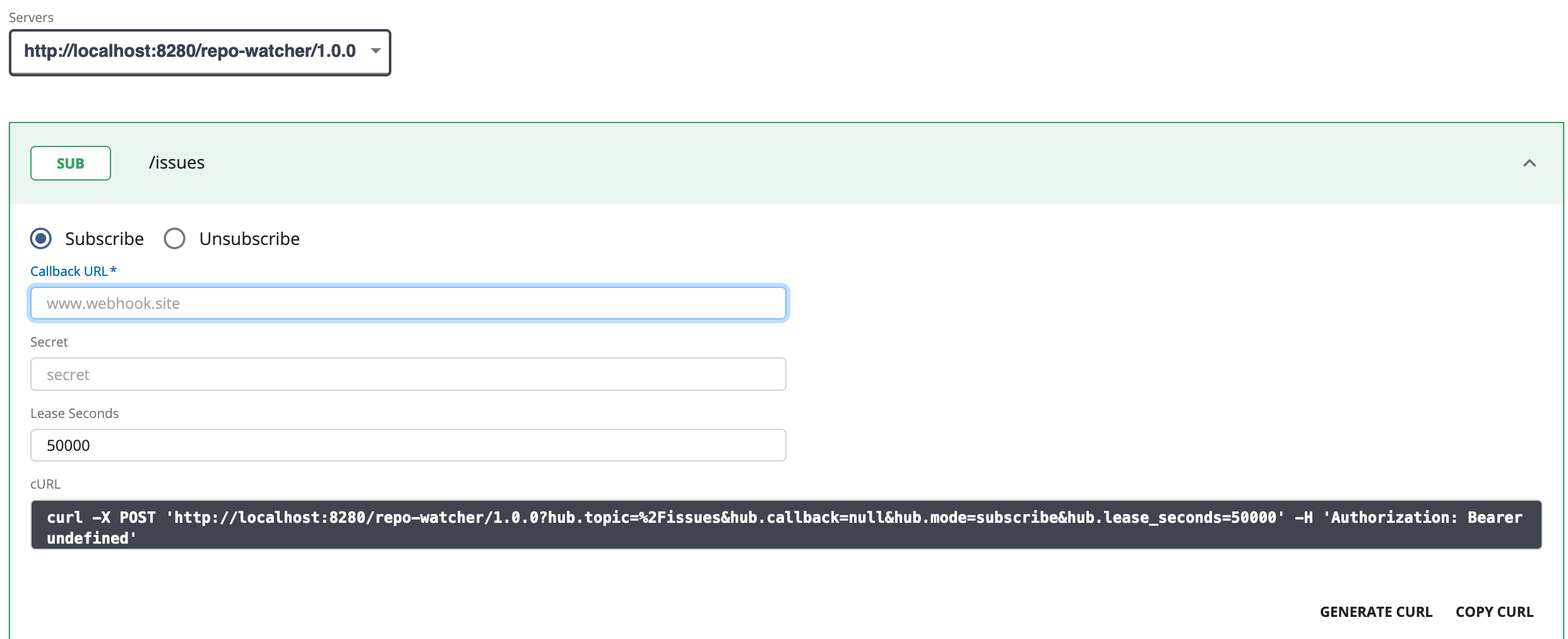Missing steps on how to generate the curl using try-it for topic subscription in Websub APIs ...