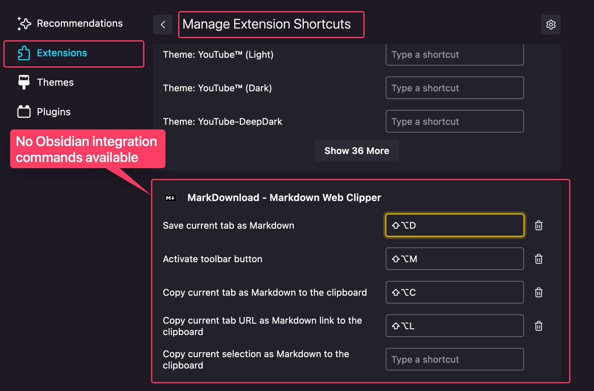No Extension shortcuts for Obsidian integratoin commands · Issue #222 · deathau/markdownload ...