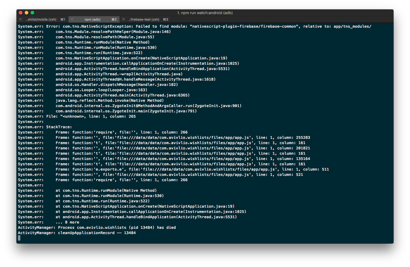 Error: com.tns.NativeScriptException: Failed to find module: "nativescript-plugin-firebase ...