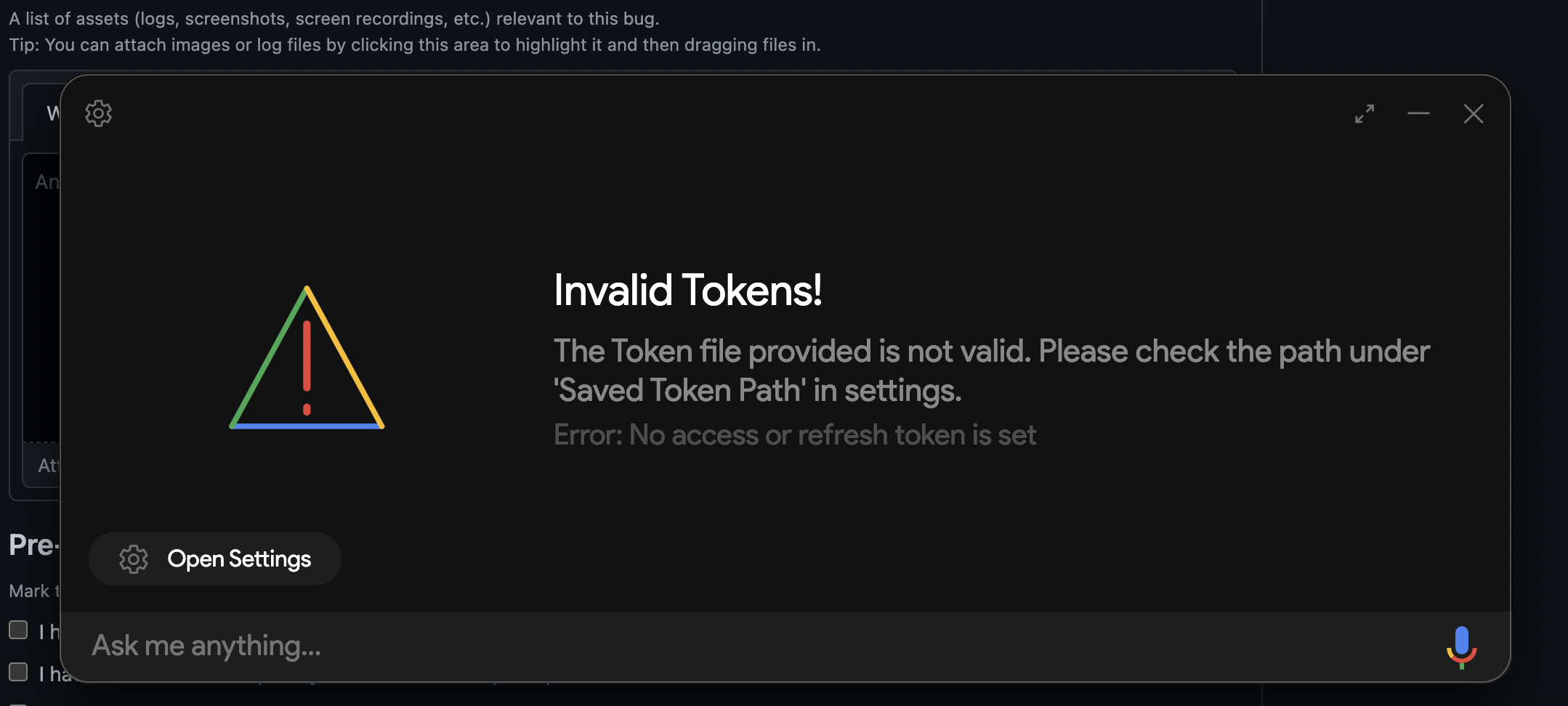 [🐛 Bug]: Invalid tokens! error. · Issue #609 · Melvin-Abraham/Google-Assistant-Unofficial ...