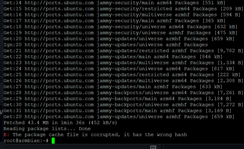 魔百和M401a 芯片s905L3a 不知道为什么会提示E: The package cache file is corrupted, it has the wrong hash ...