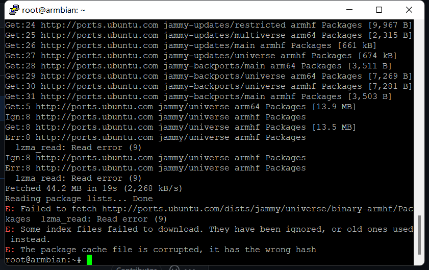 魔百和M401a 芯片s905L3a 不知道为什么会提示E: The package cache file is corrupted, it has the wrong hash ...