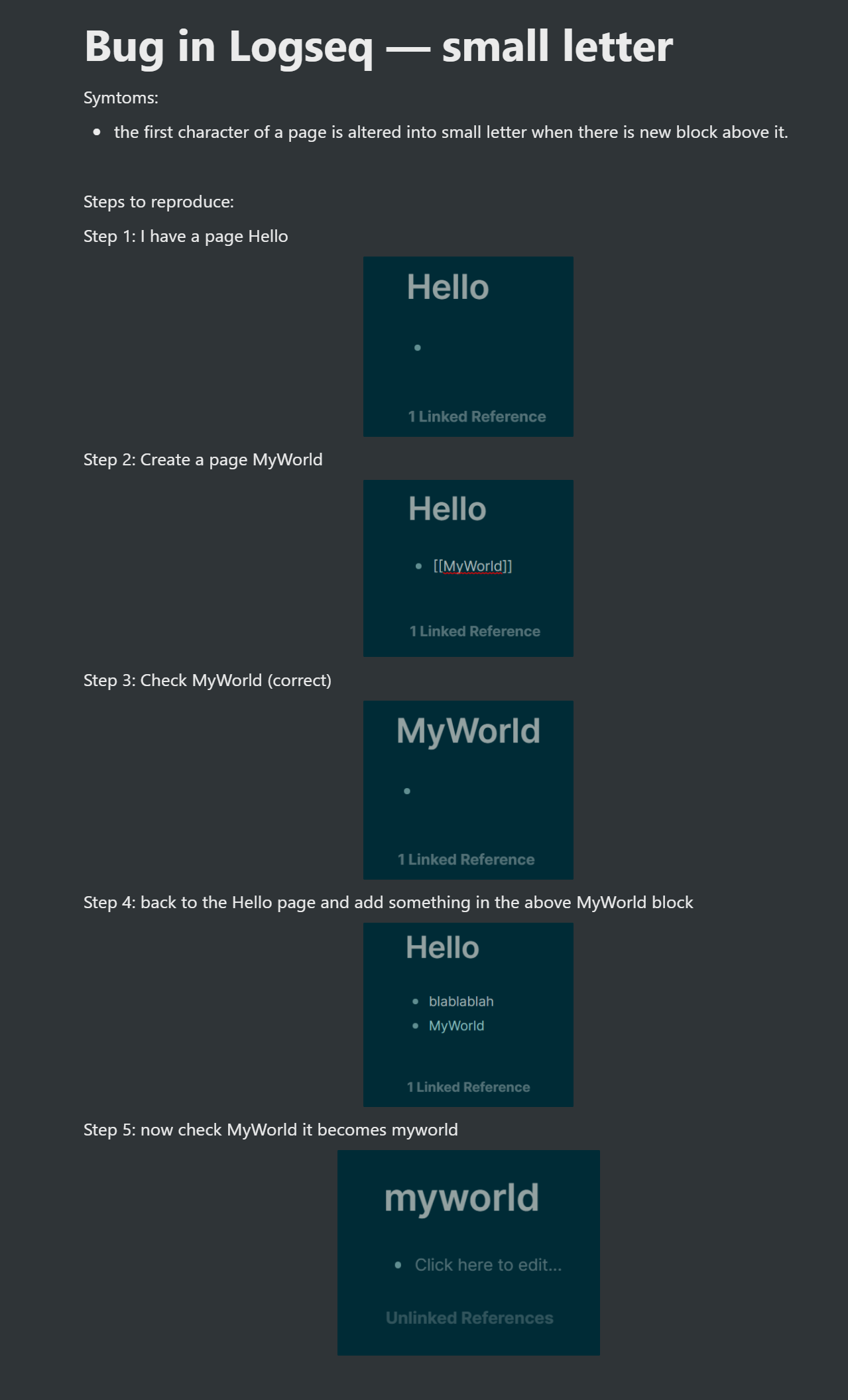 Logseq : the first character of a page is altered into small letter when there is new block ...