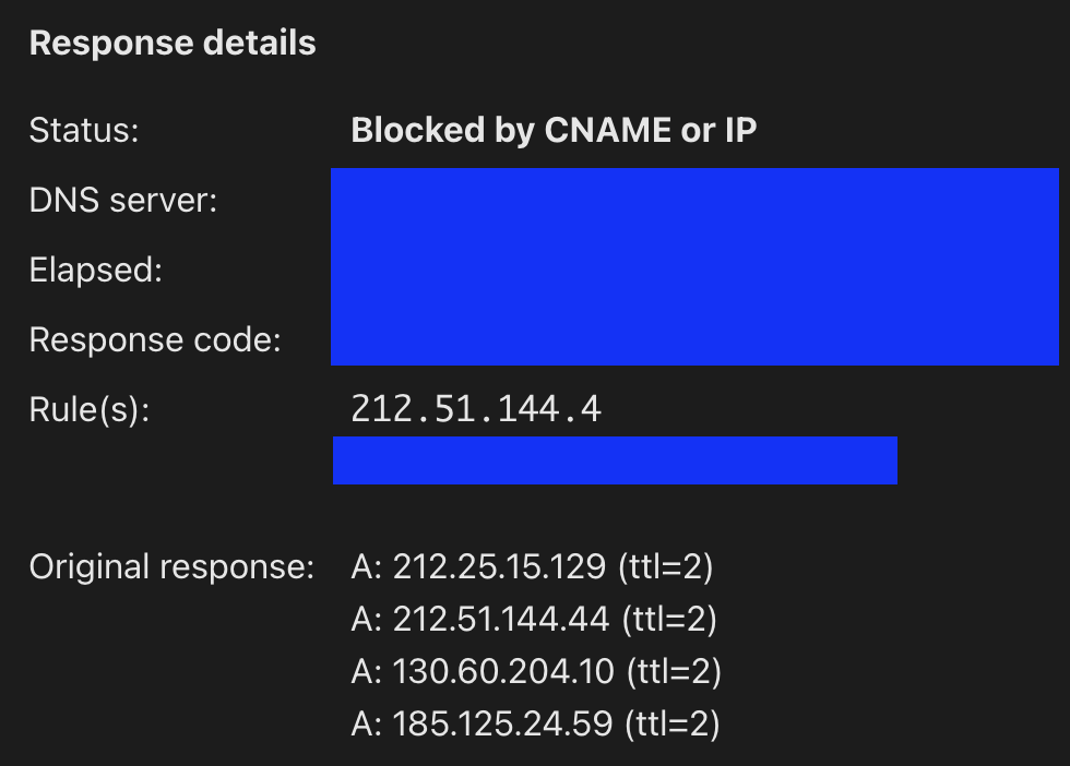 Query being blocked by IP if the resolved address contains the string of the IP in the rule ...