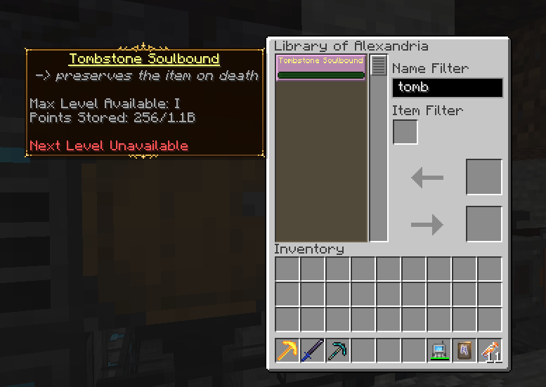 Apotheosis library of alexandria doesn't let you take tombstone soulbound enchant out by its ...