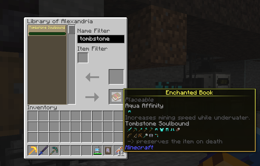 Apotheosis Library Of Alexandria Doesn t Let You Take Tombstone Soulbound Enchant Out By Its 