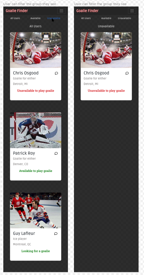 User can filter the group of users they see · Issue #5 · SteveBehm/Goalie-Finder · GitHub
