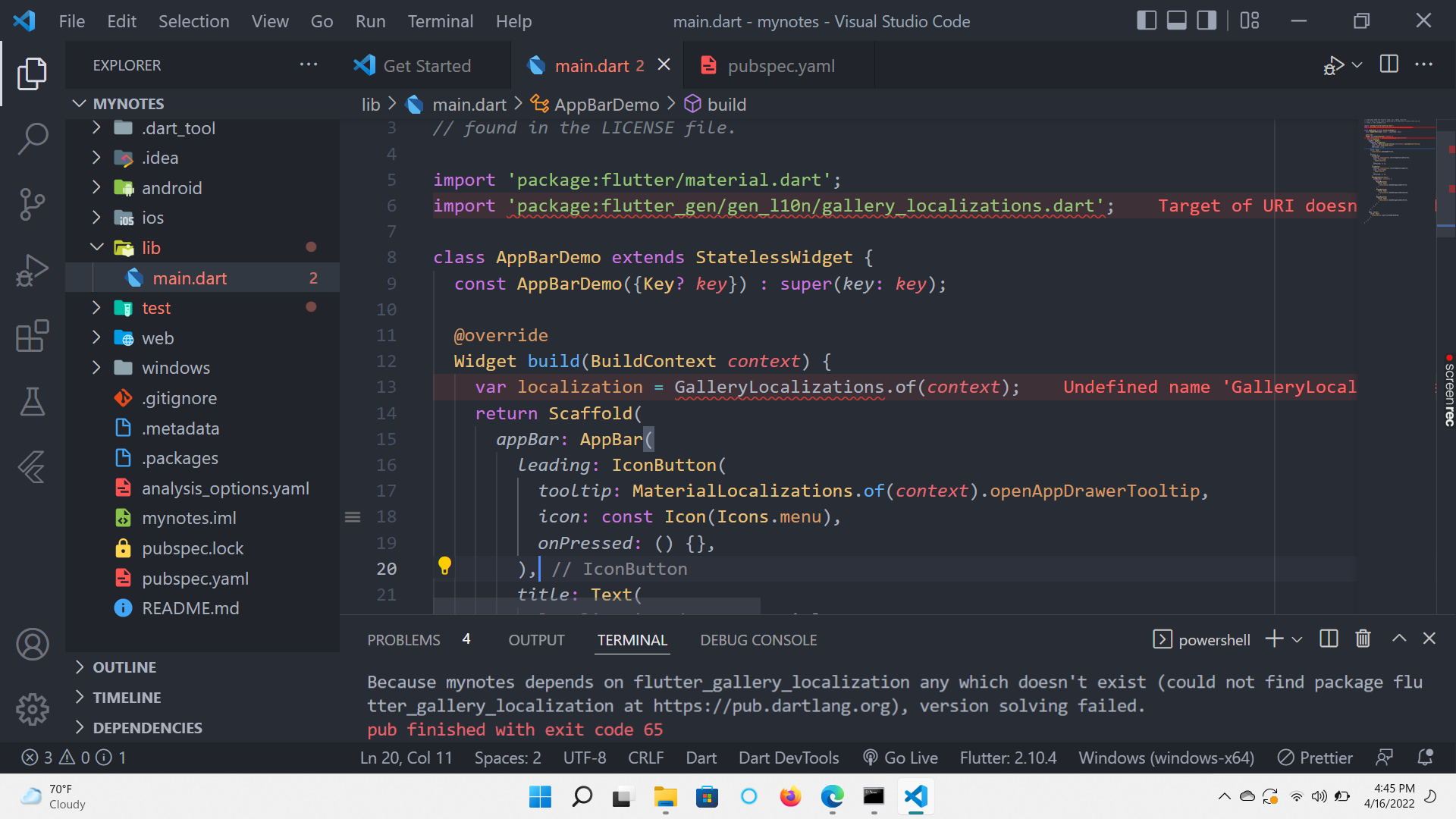 Problem installing for package, import 'package:flutter_gen/gen_l10n/gallery_localizations.dart ...