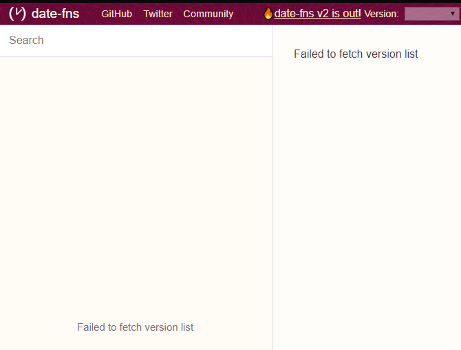 "Failed to fetch version list" in docs https://date-fns.org/docs ...
