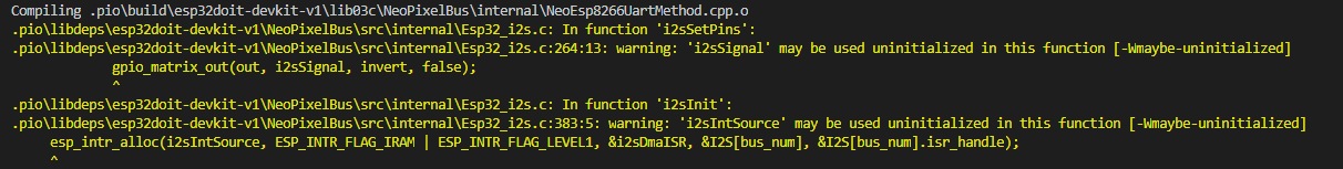 esp32 i2s - i2sSignal may be unitialized · Issue #365 · Makuna/NeoPixelBus · GitHub