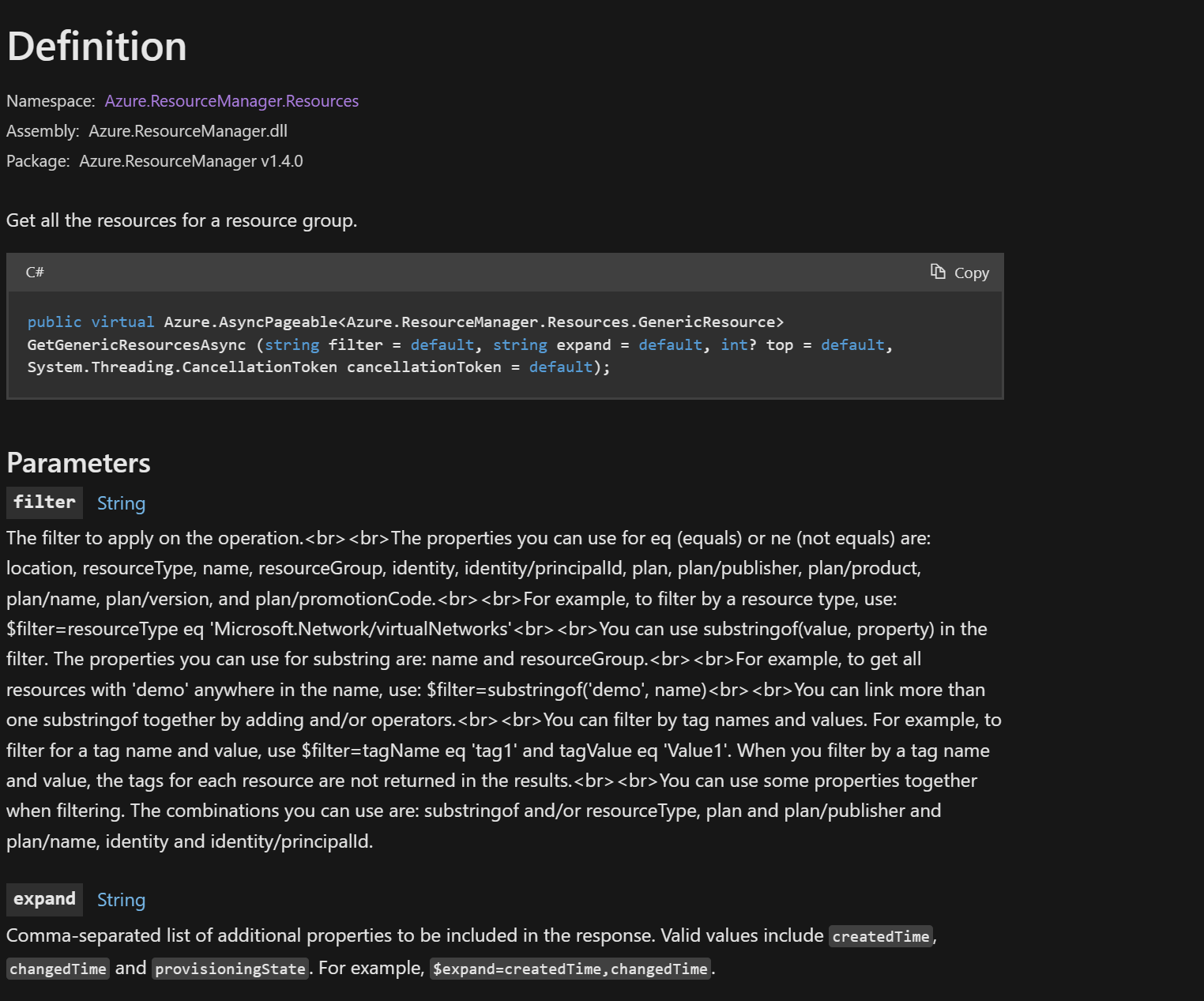 The formatting of the GetGenericResourceAsync filter parameter description should be updated ...