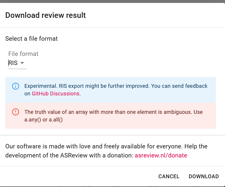 RIS file of results doesn't download in version 0.19.1 · Issue #1238 · asreview/asreview · GitHub