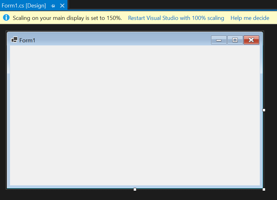 [.NET 5/DPI] Switching Visual Studio winforms designer scaling to 100% breaks the designer ...