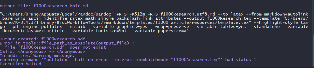 BiocWorkflowTools user: Help with knitting the f1000Research template ...