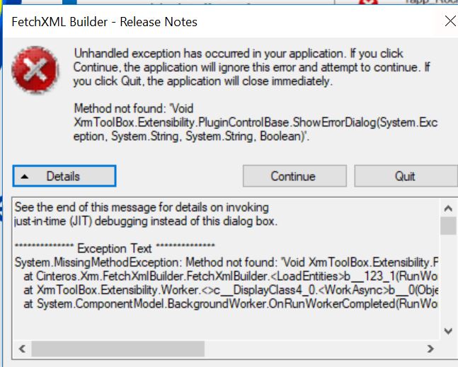 Unhandled exception error · Issue #679 · rappen/FetchXMLBuilder · GitHub