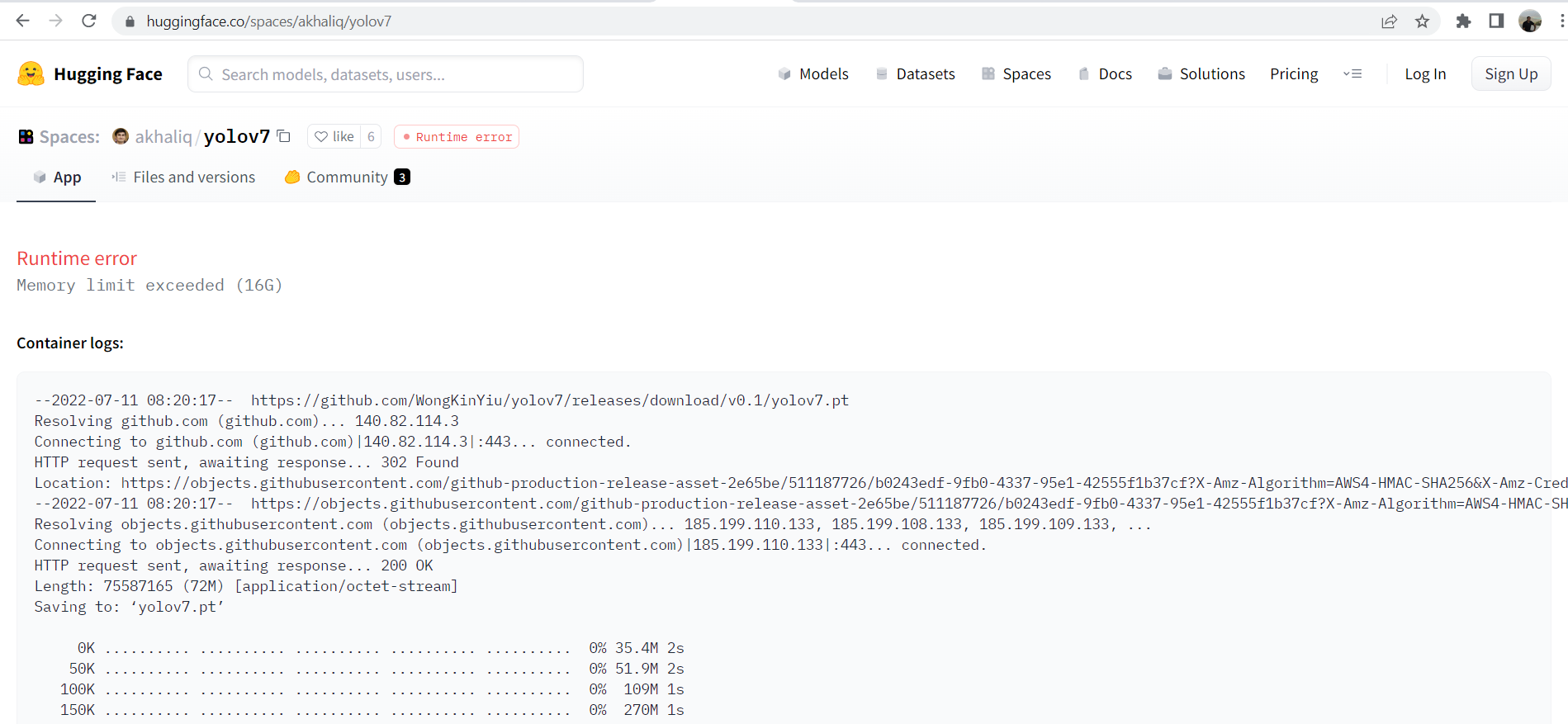 Huggingface Yolov7 Runtime Error · Issue 84 · Wongkinyiuyolov7 · Github