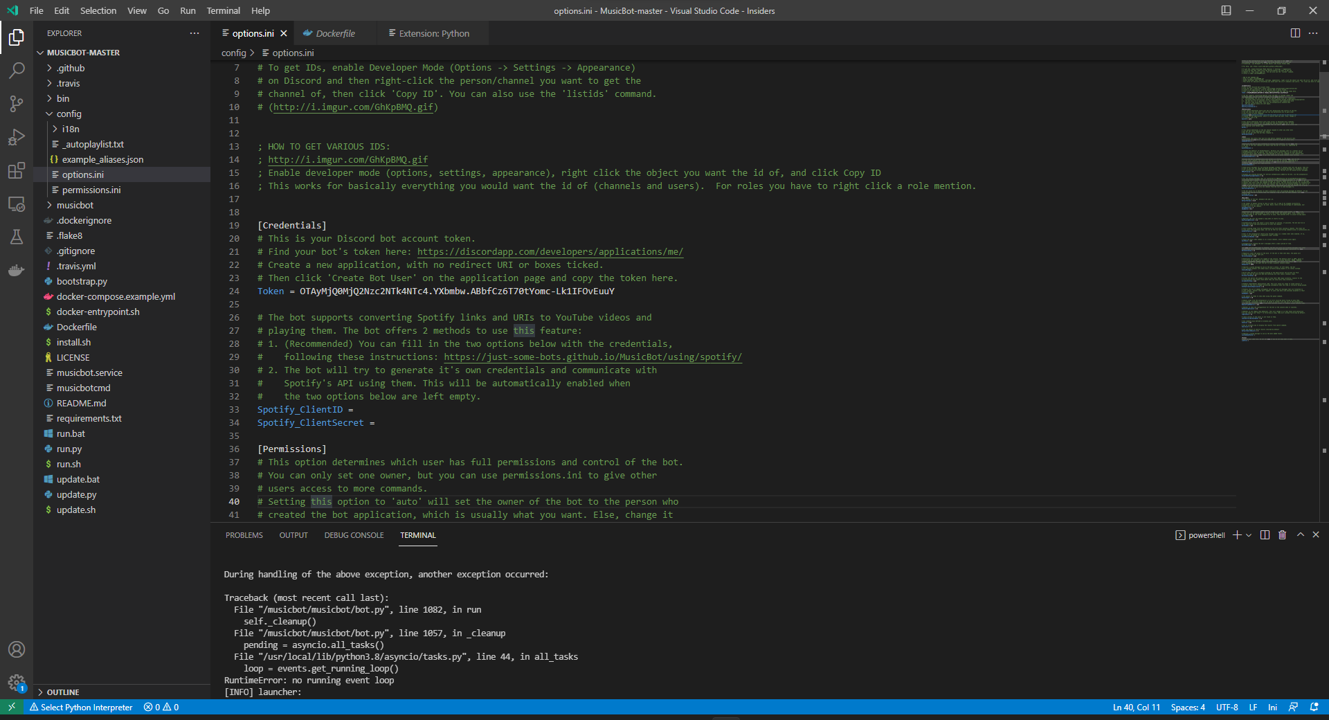 Bot does not recognize discord token when run in a docker container ...