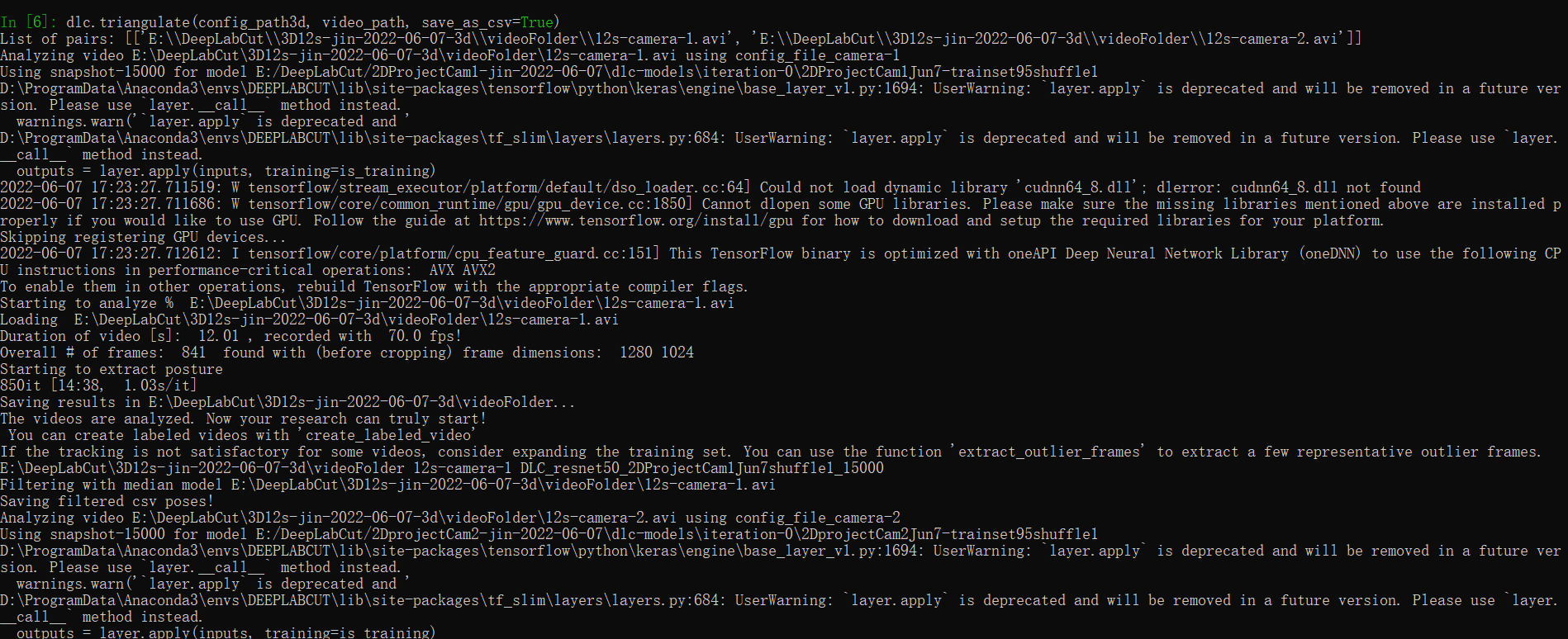 3d deeplabcut does not give out csv file，and does not generate 3D ...