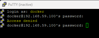 While accessing minikube docker on putty with default credentials getting error access denied ...