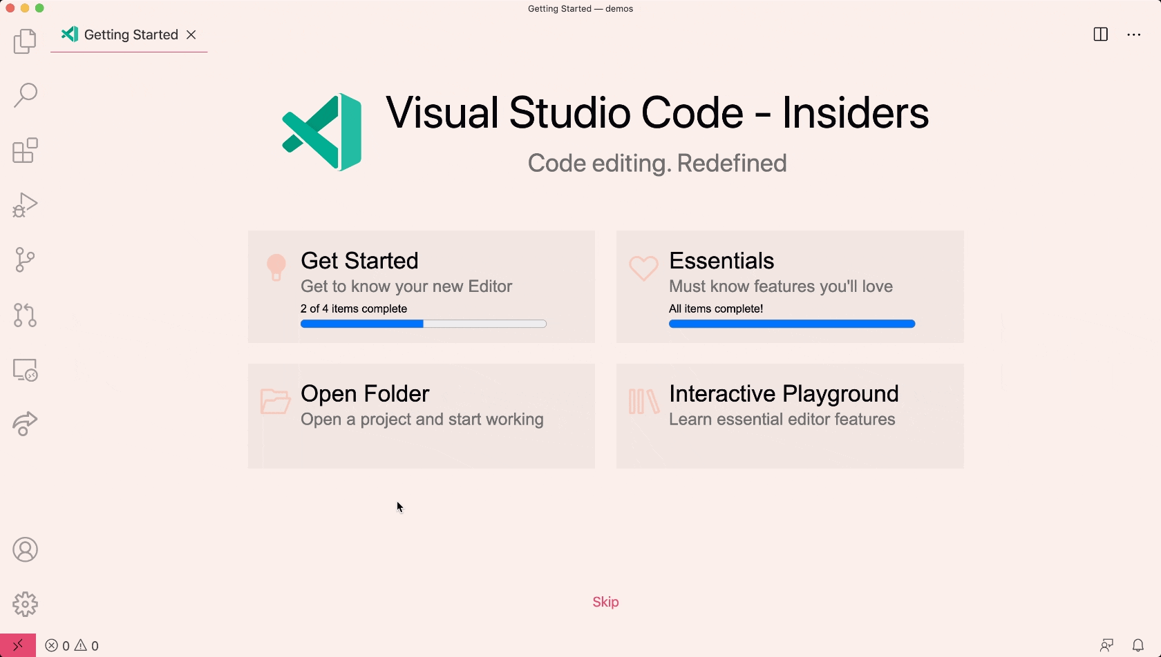 Getting Started: Reset Progress doesn't reset all · Issue #111705 · microsoft/vscode · GitHub