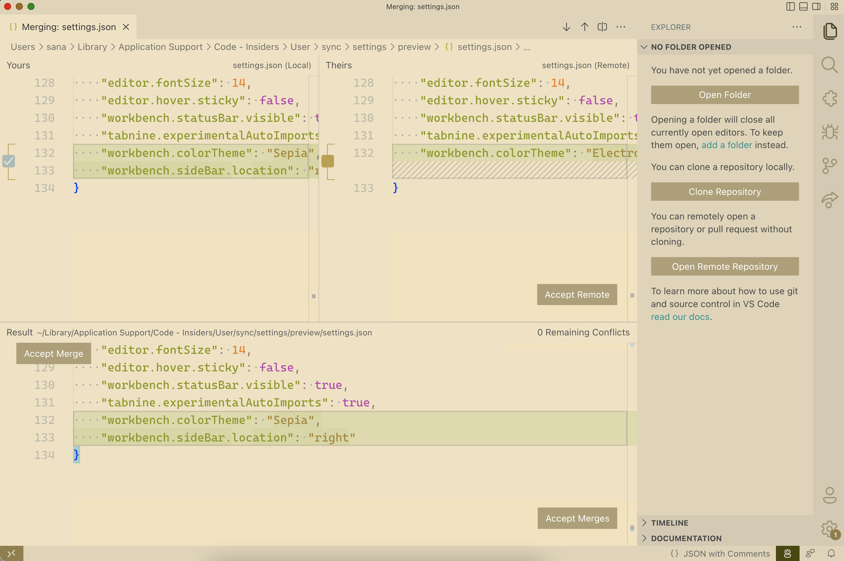 Two "Accept Merge" buttons in Settings Sync merge · Issue #153627 · microsoft/vscode · GitHub