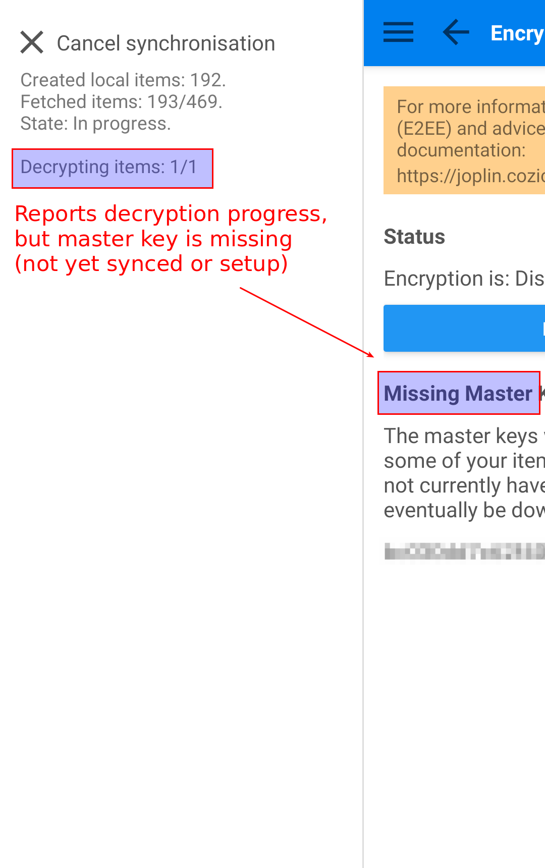Android client reports decrypting items while master key isn't synced ...