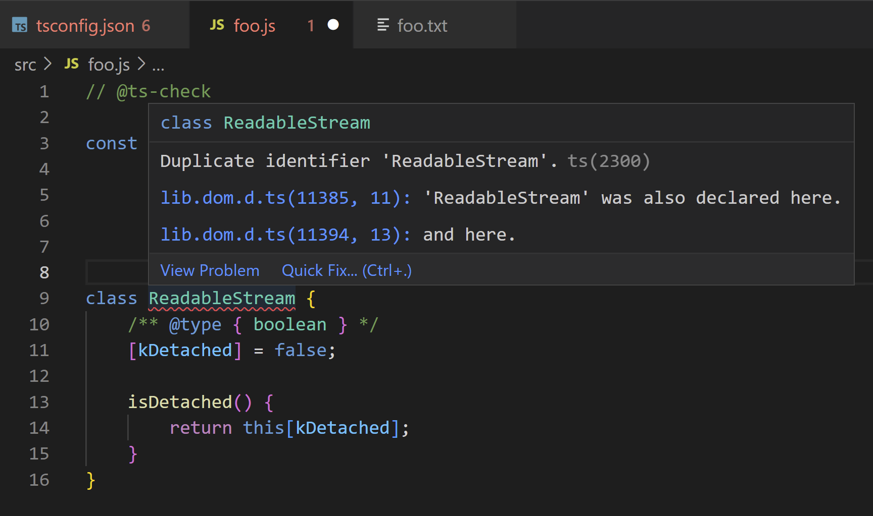 JavaScript: when redefining builtin APIs, type resolution & autocomplete do not work as expected ...