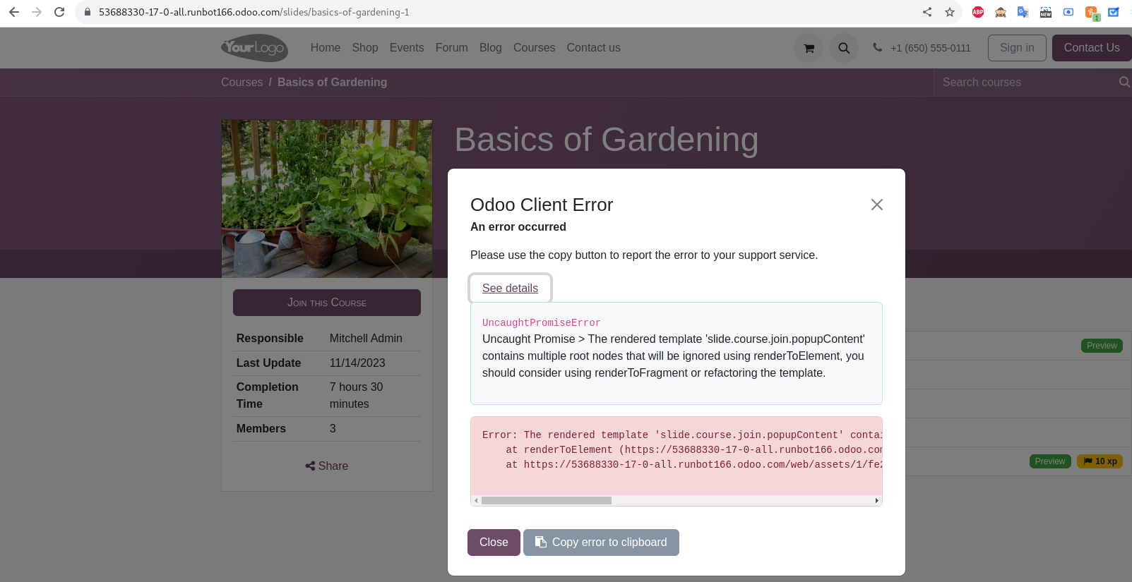 Unable to join to a course due to js error: slide.course.join.popupContent' contains multiple ...