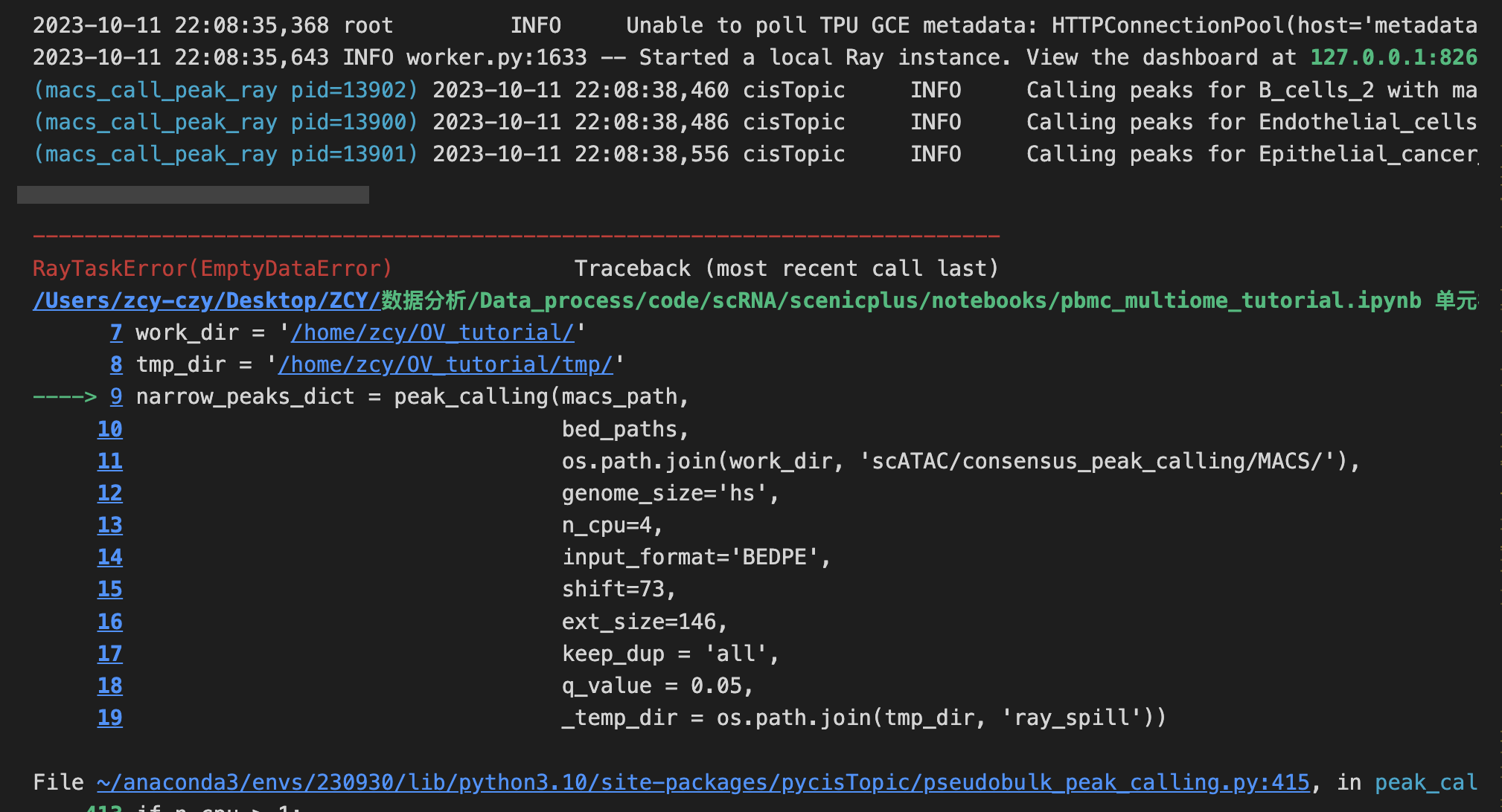 Some problems with Generate pseudobulk ATAC-seq profiles, call peaks and generate a consensus ...