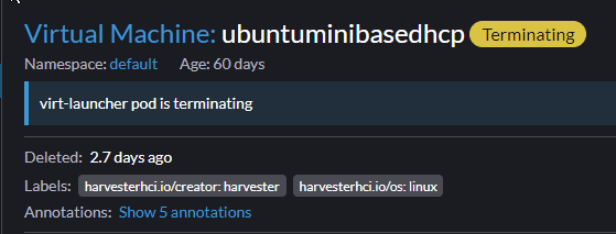 [BUG] crashed VM id not deleted, when I delete it. · Issue #3807 · harvester/harvester · GitHub