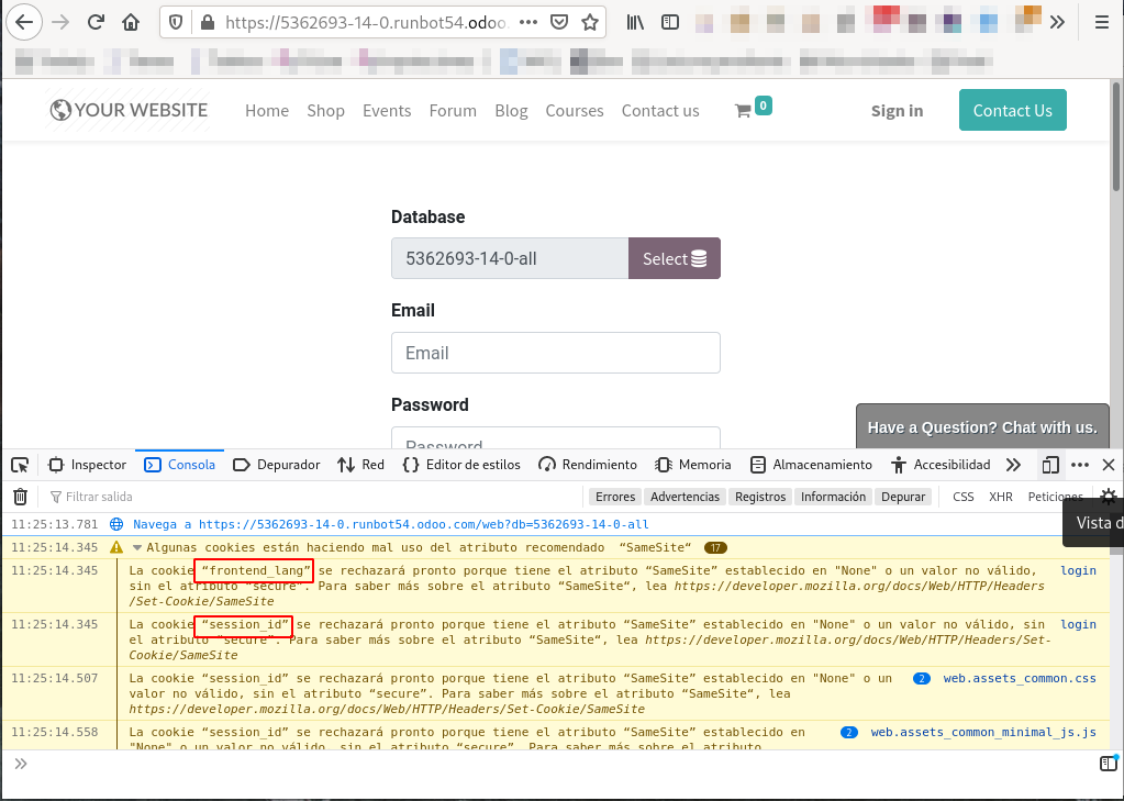 frontend_lang and session_id cookies use SameSite=None without Secure; they'll stop working soon ...